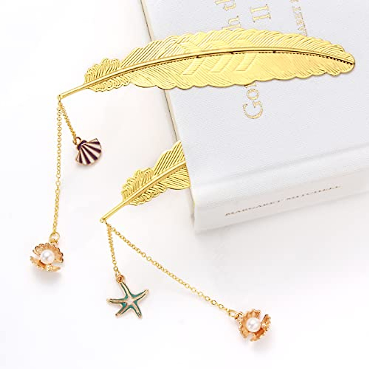 2 PCS Metal Feather Bookmarks with Unique Pendants by Soykay (Gold Seashell & Starfish)