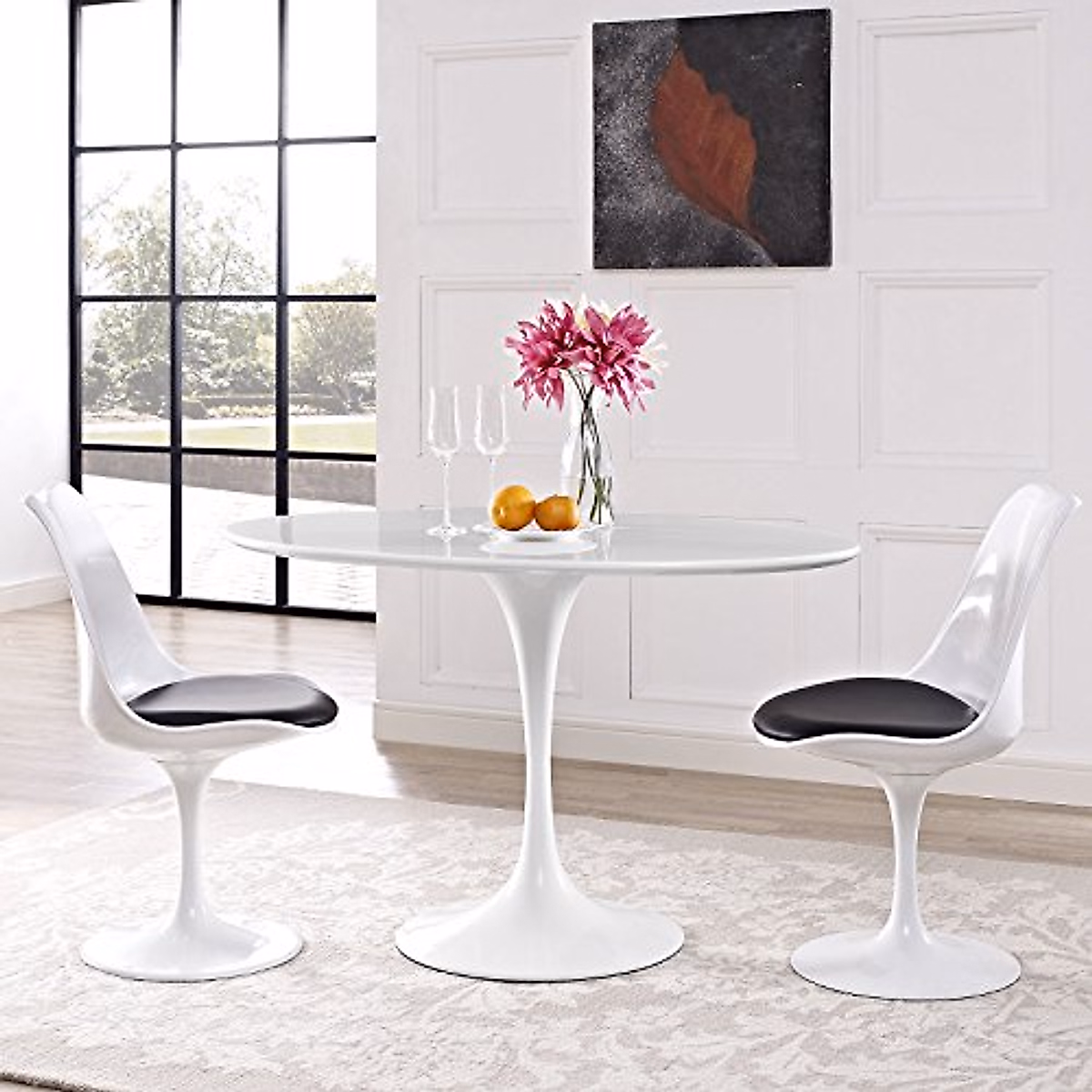 Modway Lippa 48" Mid-Century Modern Dining Table with Oval Top and Pedestal Base in White