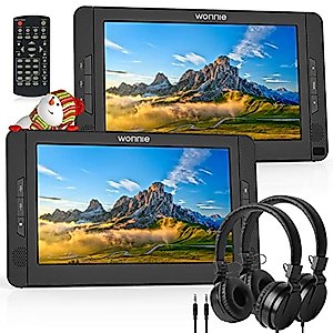 WONNIE 10.5" Dual Portable DVD Player for Car, Headrest Kids CD Players with Two Headphones Built-in 5 Hours Rechargeable Battery, Support USB/SD/MMC,AV Out & in,Regions Free (1 Player+1 Monitor)