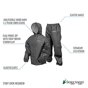 FROGG TOGGS Men's Pro Lite Suit, Waterproof, Breathable, Dependable Wet Weather Protection, Carbon Black, Small-Medium