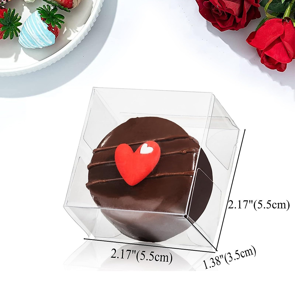 RomanticBaking 100pcs 2.17" × 2.17" × 1.38" Inch Chocolate Covered Mini Cookies Boxes Strawberry Macaron Boxes Clear Bakery Boxes for Gumballs, Pretzel,Browine,Malt Balls,Wedding Favors Party Boxes