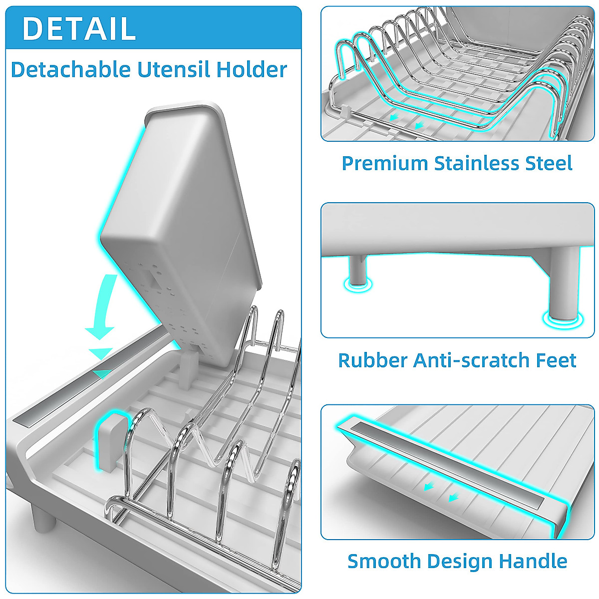 PETXPERT Dish Drying Rack, Expandable Dish Rack for Kitchen Counter with Utensil Holder, Stainless Steel Small Dish Drainer Organizer with Drainboard for Kitchen in Sink (Grey)