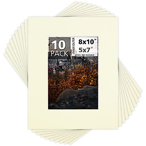 Mat Board Center, Pack of 10, 8x10 for 5x7 Ivory Color Mats - Bevel Cut, Acid Free, 4-ply Thickness, White Core - for Pictures, Photos, Framing