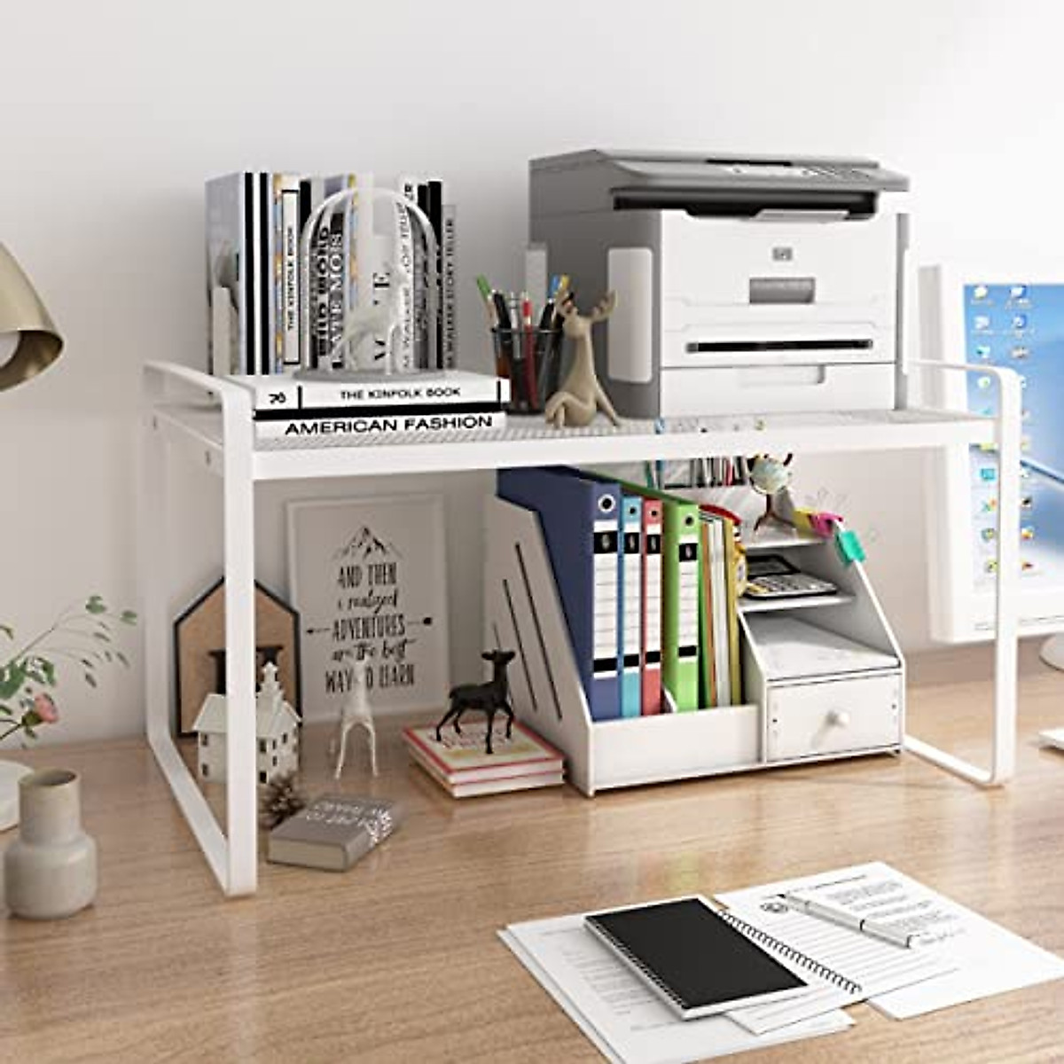 Ymeibe 2 Pack Cabinet Shelf Mesh Storage Organizer Stackable Countertop Racks for Kitchen Pantry Cupboard Under Sink Office Table Coated Heavy Duty Metal Frame Nonslip L16 W8.3 H9.5 (White)