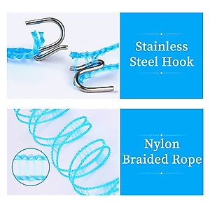 FuninCrea Washing Line 8m, Non-slip and Windproof Clothes Line, Portable Washing Line with 2pcs Stainless Hooks, Fence-Like Rope Washing Line for Indoor Outdoor Camping Traveling(blue)