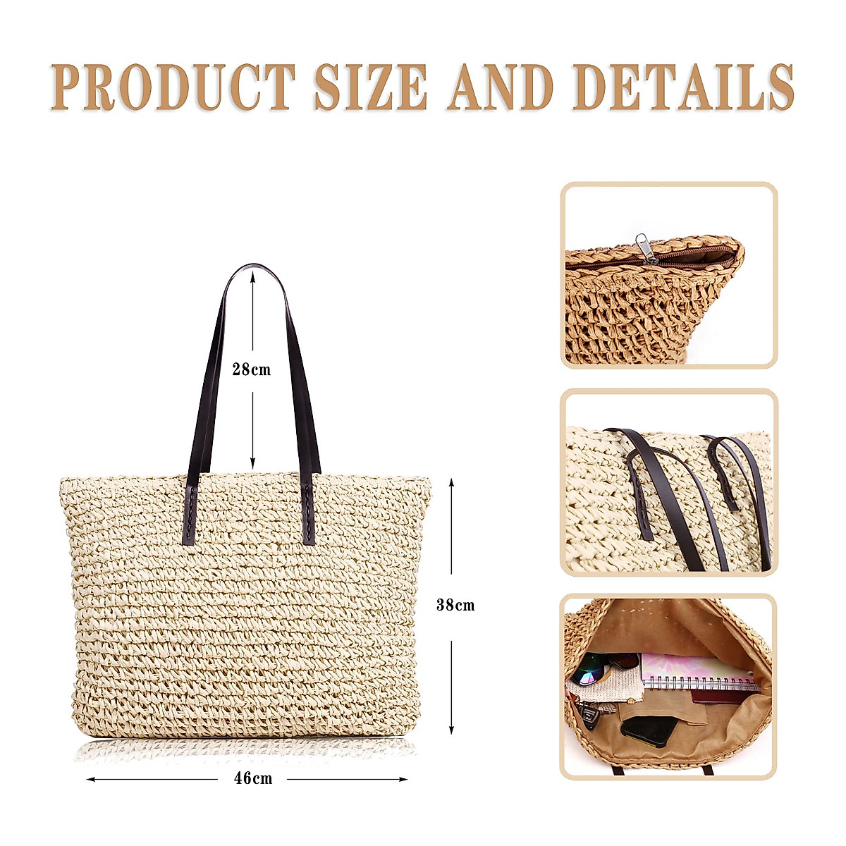 COOKOOKY Straw Beach Bag Summer Handmade Woven Shoulder Tote Bags Purse for Women (Square Khaki Bag)