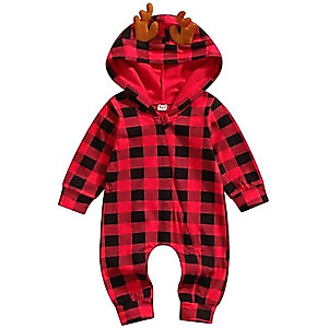 LIOMENGZI Christmas Baby Girl Boy Romper Clothes Red Plaid Checked Hooded Bodysuit Jumpsuit Xmas Toddler Baby Xmas 1st Outfit (Red, 6-12 Months)