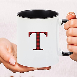 Christmas Red & Black Buffalo Plaid Check Monogram Letter T Coffee Mug - Aesthetic Feminine 26 Letters Mug - English Alphabet Letter Two_Tone Black2 Mug - Christmas Gifts Novelty Cup 11 Oz
