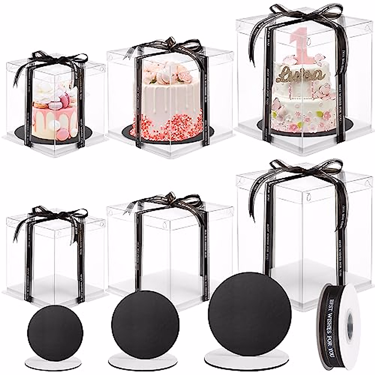 6 Sets Clear Cake Box with Cake Boards Ribbons, 10 Inch 8 Inch 7 Inch Multiple Sizes Transparent Cake Containers Pack Baking Box for Wedding Birthday Anniversary Portable Tall Layer Bakery Box (Black)