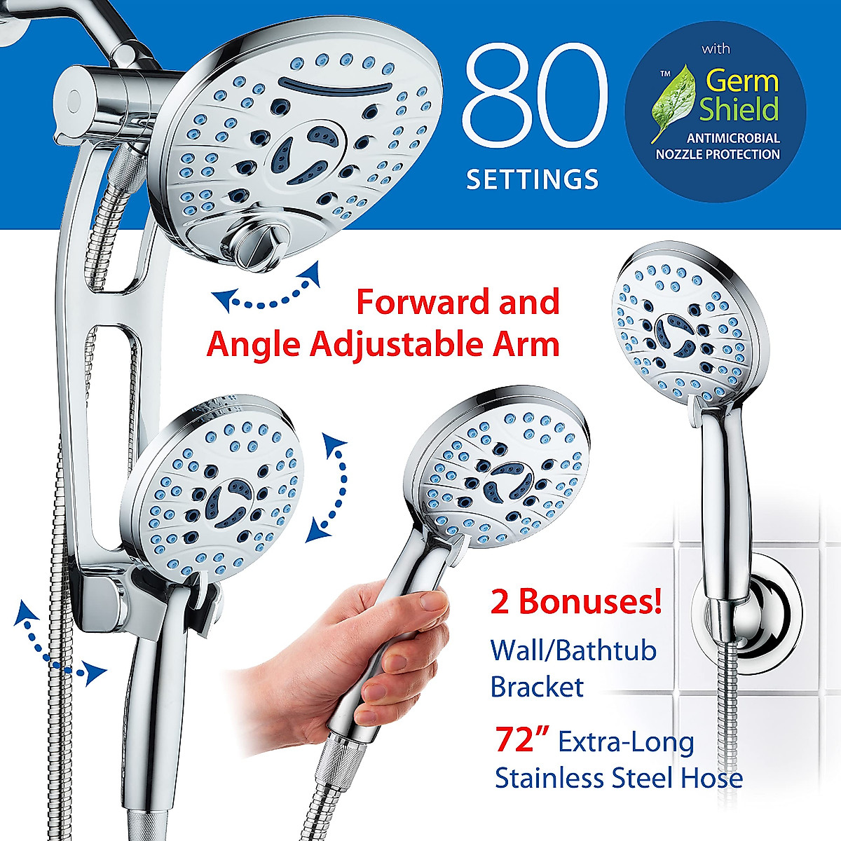 AquaCare As-Seen-On-TV High Pressure Handheld/Rain 80-mode 3-way Shower Head Combo with Adjustable Arm - Anti-clog Nozzles, Tub & Pet Power Wash, 6 ft. Stainless Steel Hose, All Chrome Finish