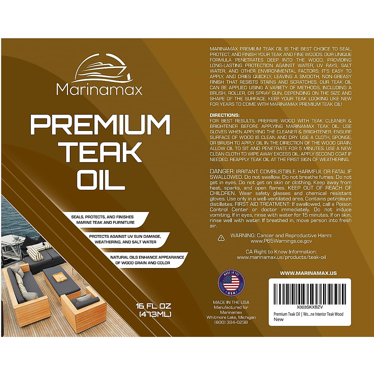 Premium Teak Oil 16 Oz | Wood Oil, Preserver, Stain, Sealer, and Protector | Great for Teak Furniture and Boat and Marine Interior Teak Wood