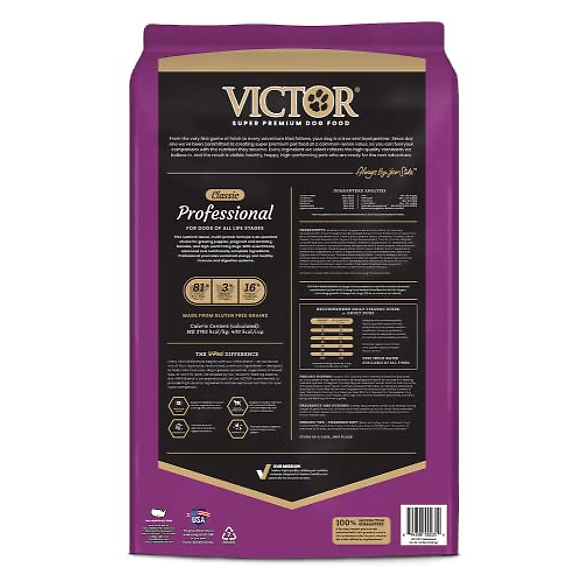 Victor Super Premium Dog Food – Professional Dry Dog Food – Super Premium Dog Food with 26% Protein, Gluten Free - for High Energy and Active Dogs & Puppies, 40lbs