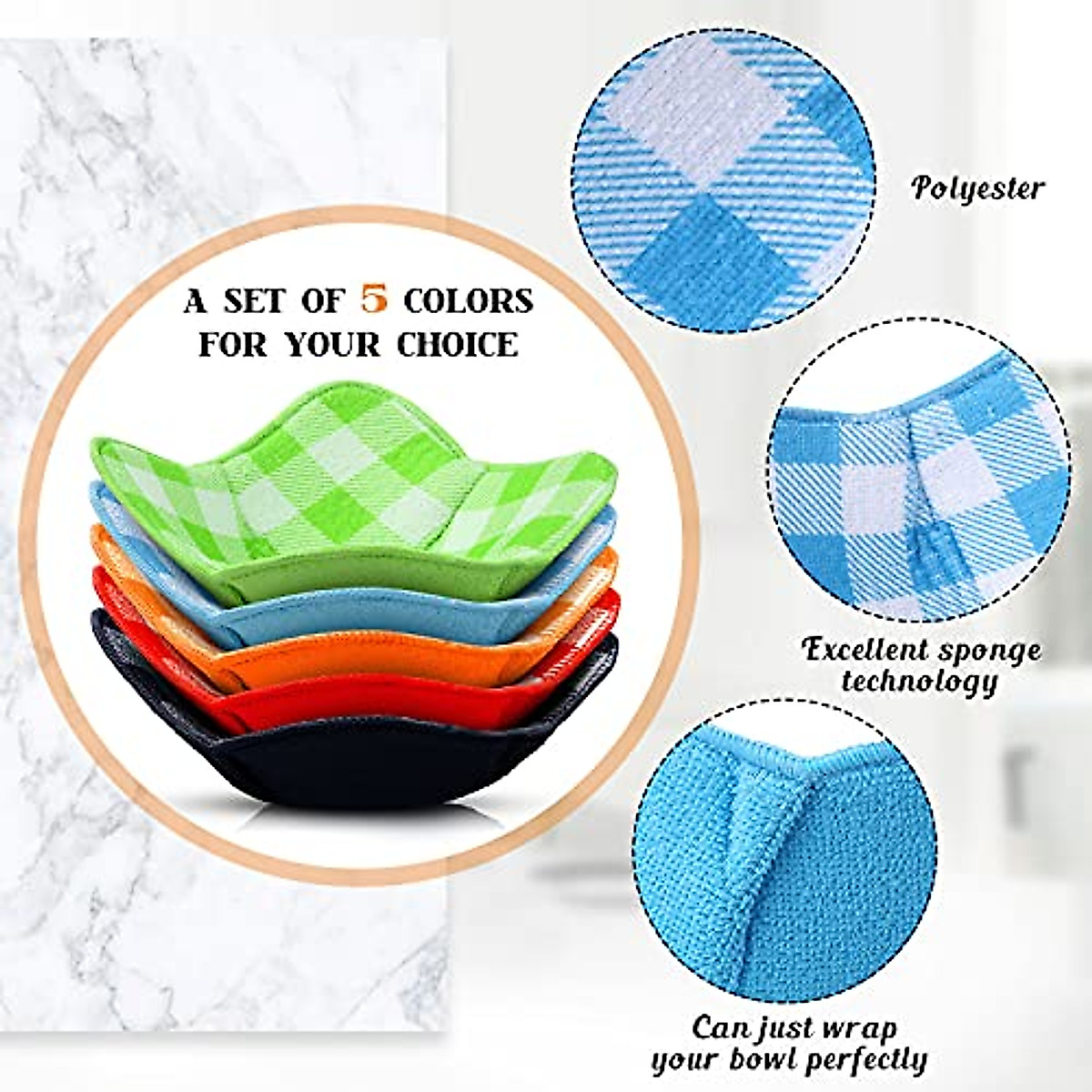 Hot Bowl Holder Microwave Safe Bowl Cozies Multipurpose Soup Bowl Holder Hot Heat Proof Plate Holder to Prevent Hand from Heat and Maintain Food Warm(Red, Blue, Green, Yellow, Black,5 Pieces)