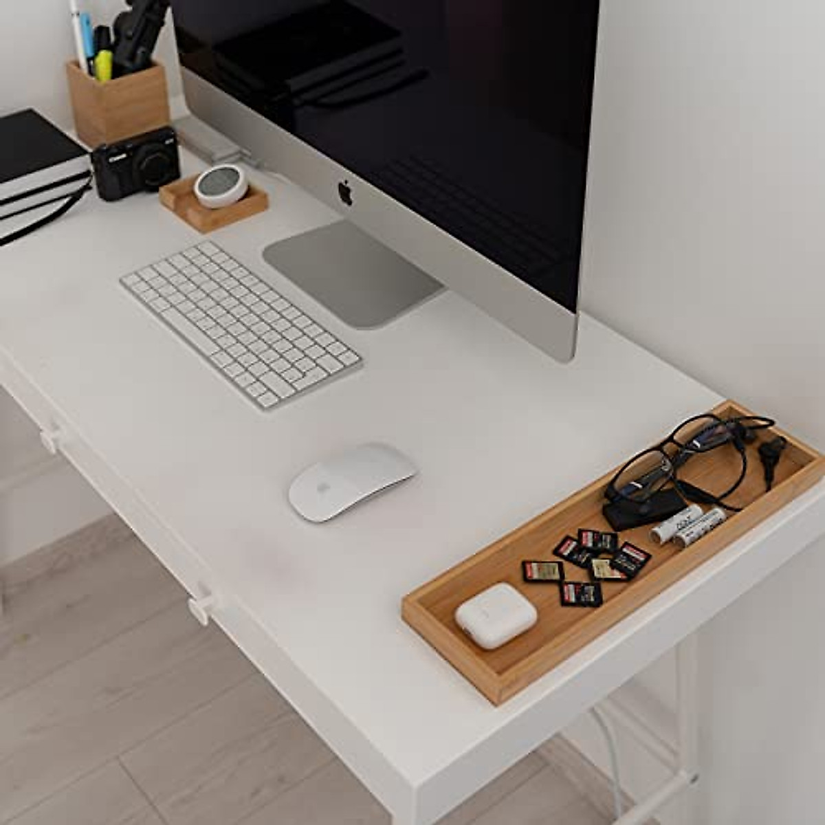 ROCDEER Bamboo Vanity Tray, 6-Piece Bathroom Countertop Vanity Tray Set, Makeup Kitchen Desk Organizer and Storage - Holds Small Items