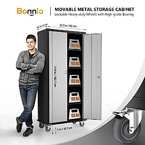 Bonnlo 72" Tall Sliver&Black Garage Storage Cabinets with Locking Doors and 4 Adjustable Shelves, Metal Storage Cabinets with Wheels for Garage, Office, Kitchen, Laundry&Utility Room, 32W x 16D x 72H