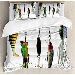 Ambesonne Fishing Duvet Cover Set, Various Type of Fishing Baits Hobby Leisure Passtime Sports Hooks Catch Elements, Decorative 3 Piece Bedding Set with 2 Pillow Shams, Queen Size, White