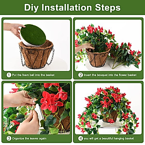Homsunny Artificial Hanging Flowers Basket with 4 Pcs Bougainvillea Silk Vine Flowers for Outdoor Indoor,Coconut Lining Basket Hanging Plant Flowers for Patio Lawn Garden Decor(red)