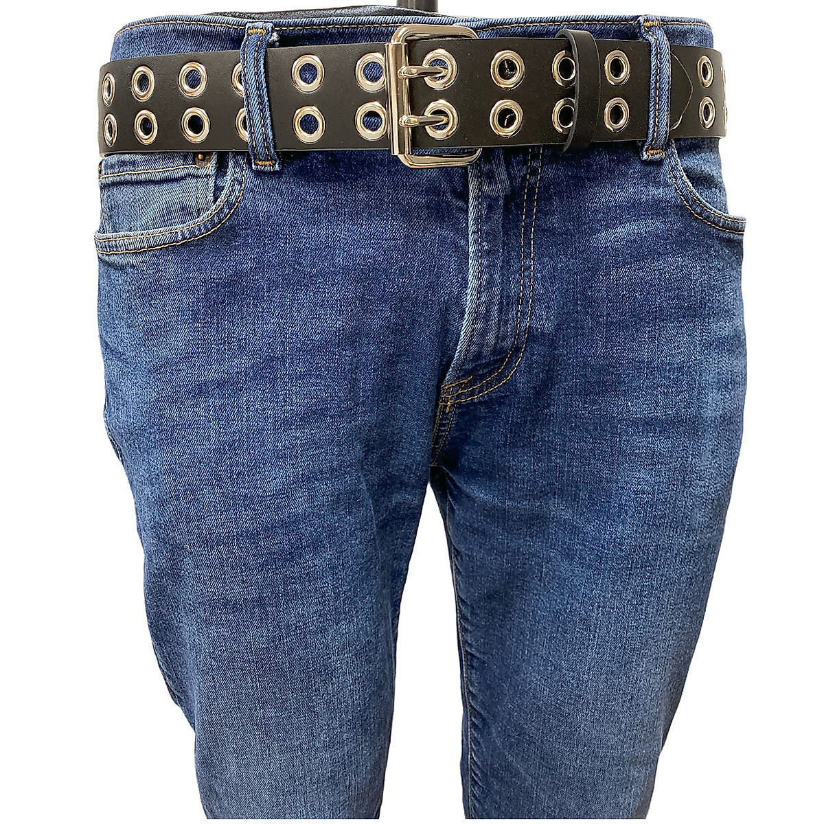 Grommet Eyelet Uniform Belt Made in USA Genuine Leather Punk Goth Thrash Metal (L-36) Black