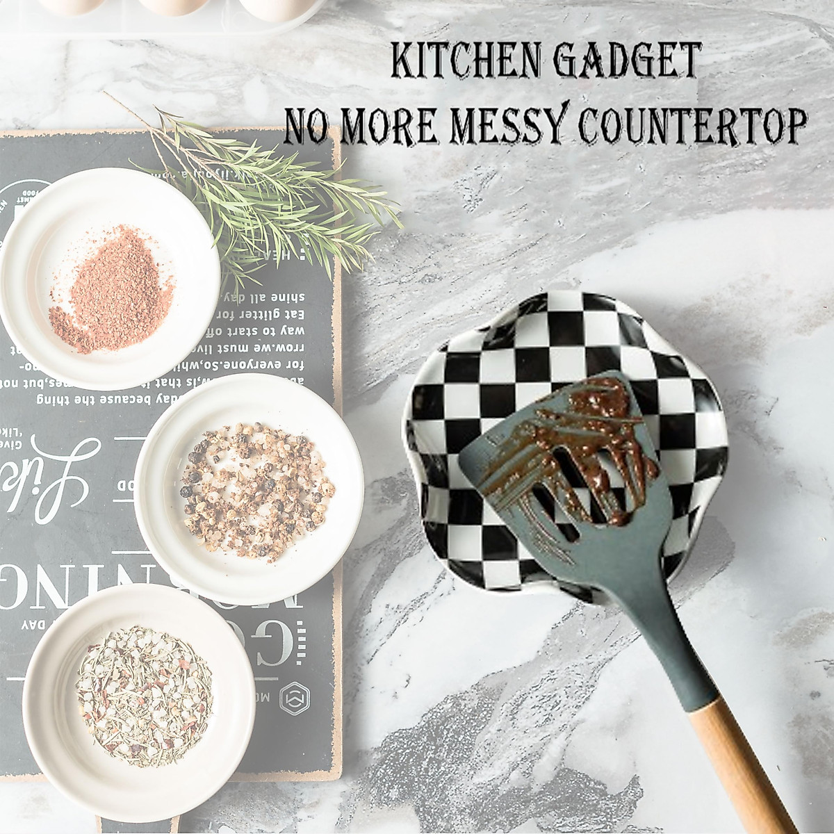 Miamolo Spoon Rest for Stove Top, 5.3in Checkered Spoon Holder Utensil Rest, Ceramic Spoon Rests for Coffee Bar, Kitchen Gadget Cooking Gift for Housewarming