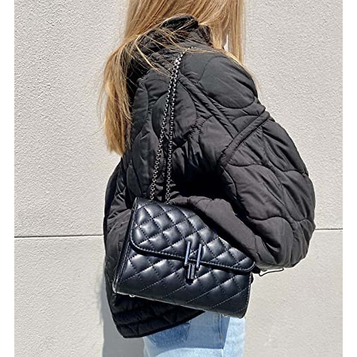 Bella Luna Quilted Faux Leather Crossbody Purse or Shoulder Bag for Women with Flap Handbag and Chain Strap | Black | Gray Chain | Small