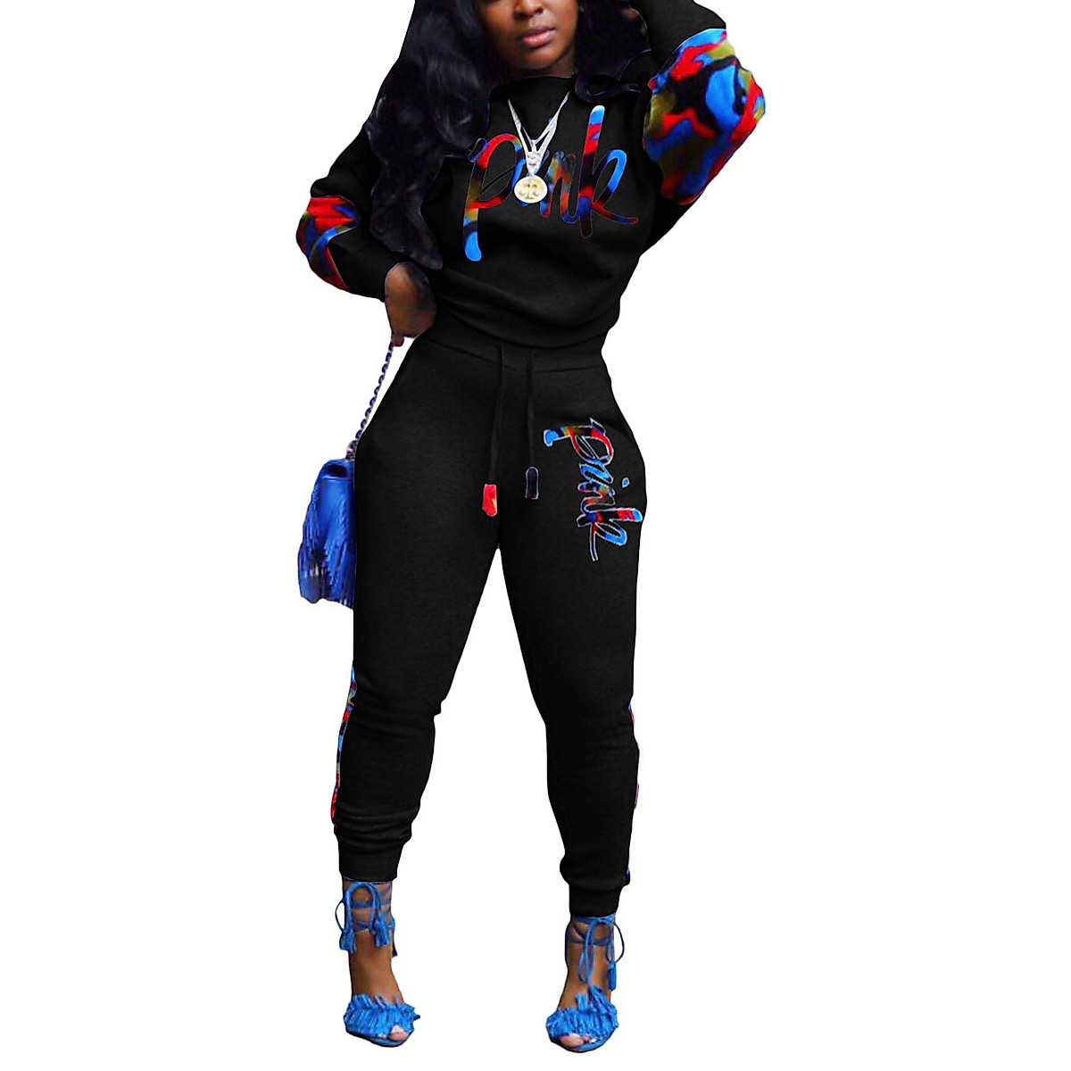 Sexyshine Women's Casual 2 Piece Camo Pink Letter Print Outfits Pullover Sweatshirt Tops and Long Pants Tracksuits Set Plus Size(9759BL,M)