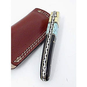 Made in Ancient Persian Indus Valley Damascus Knives Laguiole Style Pocket Knife Ram Horn & Turquoise Handle With Leather Sheath