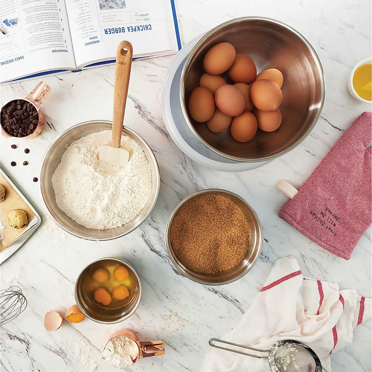 FineDine Stainless Steel Mixing Bowls with Lids Set, Stackable Nesting Dishware Bowls for Kitchen Space Storage Saving, Non-Slip Bottoms for Stability, 5 Quarts Salad Bowls