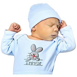 Funny Girl Designs Embroidered EASTER Bunny Bodysuit for Baby BOYS - Your Custom Name (0-3 Months, Long Sleeve, Light Blue)