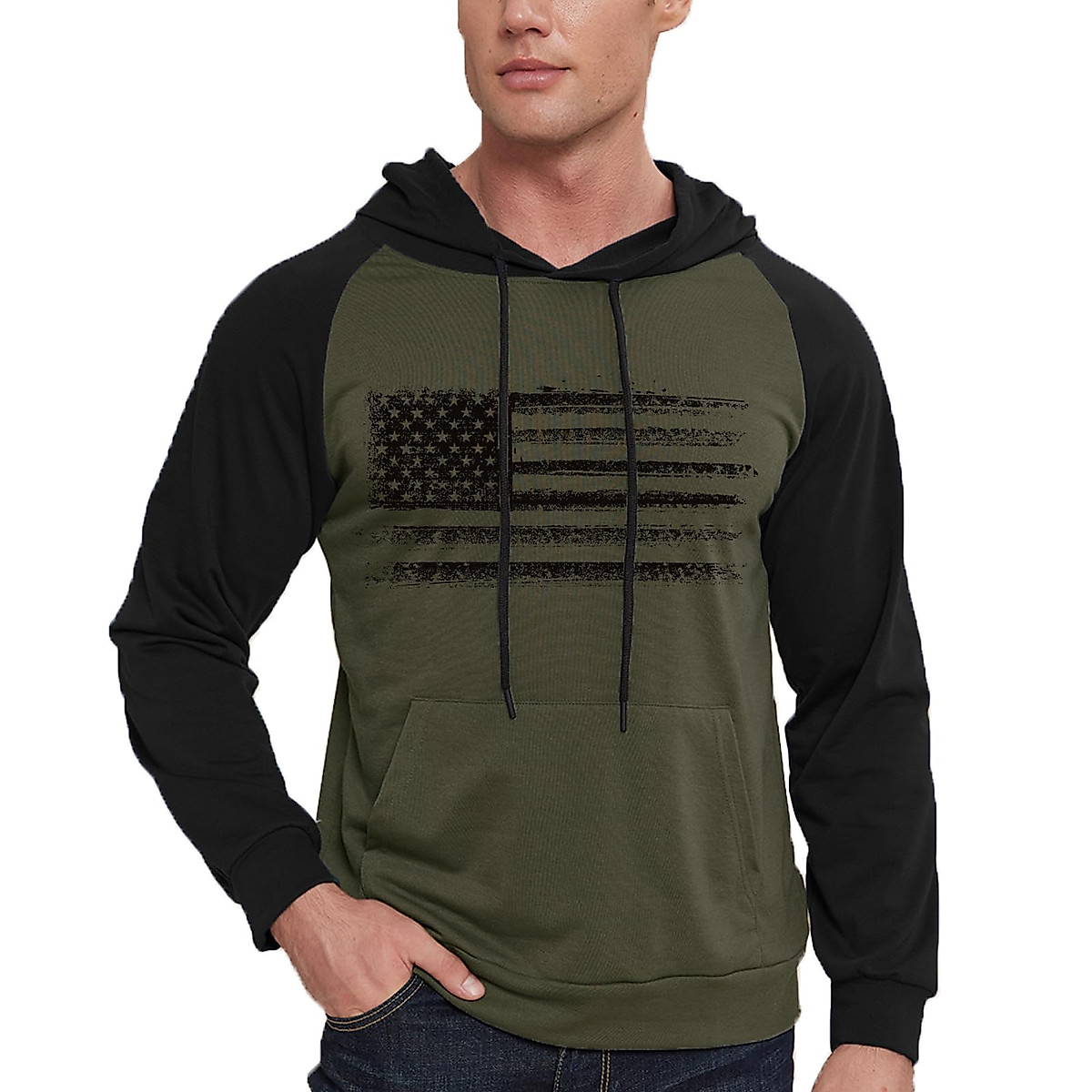 H HYFOL Men's Sweatshirt USA FLAG Patriotic Graphic Polyester Hoodies for Men Pocket Raglan Long Sleeve Sweatshirts(Olive Green,L)