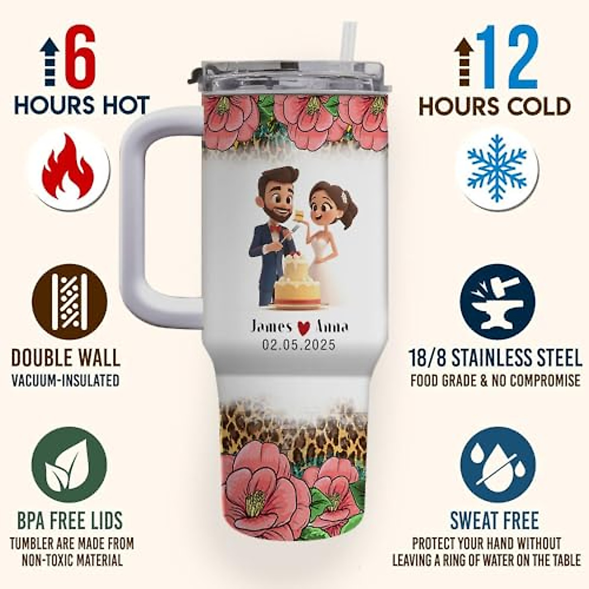 Personalized 40oz Tumbler with Handle – Valentine's day decorating-Custom Couple Gift for Anniversary Wedding Gift, Birthday, Mother's Day, Valentine’s Day tgndQu