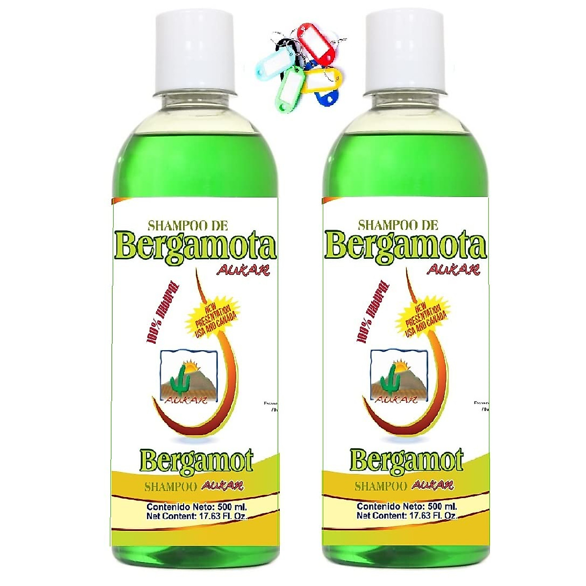 AUKAR Bergamot Shampoo 17.63 Fl Oz (PACK of 2) plus Key Chain Shampoo de Bergamota 500ml más Llavero. Twin Pack. 100% Natural.