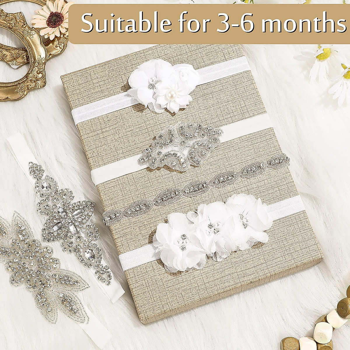 Juinte 6 Pcs White Baptism Headband for Baby Girl Toddler Elastic Chiffon Flower Crystal Lace Headbands Christening White Baby Baptism Headband Gifts Birthday Baby Shower Party (3-6 Months)