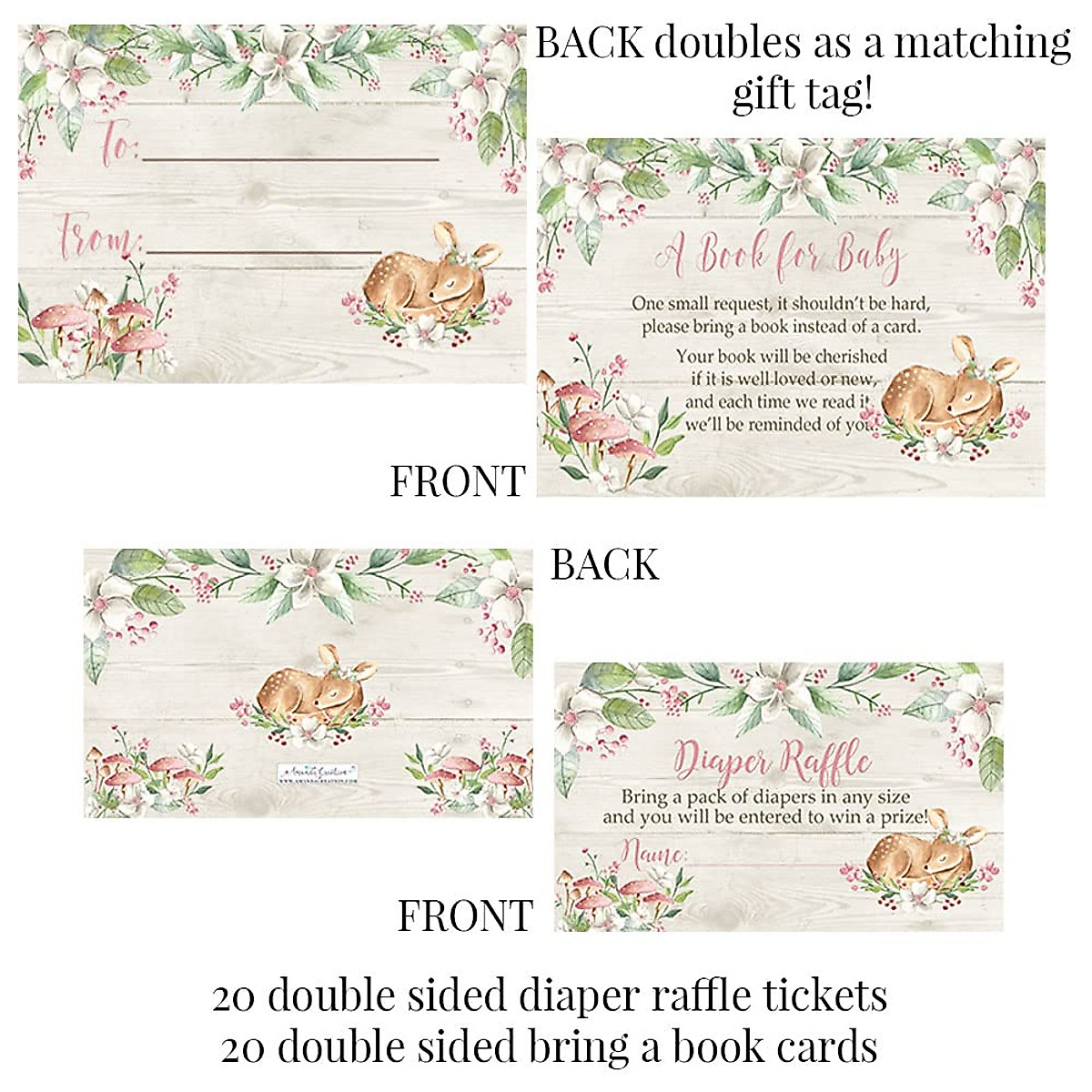 Amanda Creation Little Deer Woodland Girl Baby Shower Party Bundle Includes 20 each of Invitations with Envelopes + 4 Different Sizes of Decorative Stickers, Diaper Tickets & Bring a Book Cards