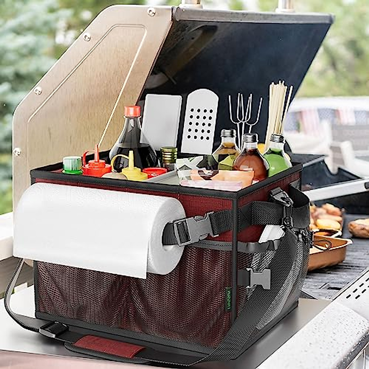 FANGSUN Grill Caddy, BBQ Caddy with Paper Towel Holder, Picnic Griddle Caddy for Outdoor Camping, Barbecue Accessories Storage Organizer for Utensil Grilling Tool, Must Haves for Camper Tailgating Rv