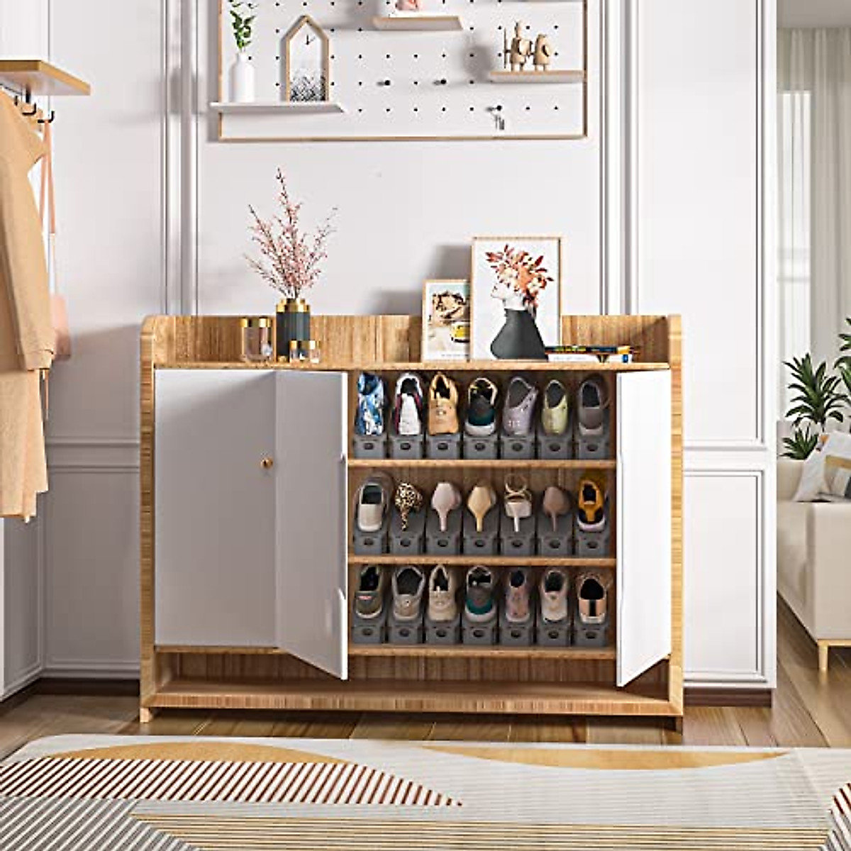 Neprock 6 Tier Black Shoe Organizer Bundle with 20-Pack Grey Shoe Slots Organizer