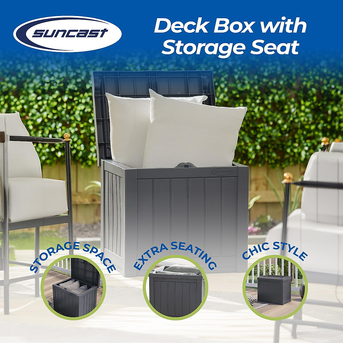 Suncast 22-Gallon Indoor or Outdoor Backyard Patio Small Storage Deck Box with Attractive Bench Seat and Reinforced Lid, Cyberspace (3 Pack)