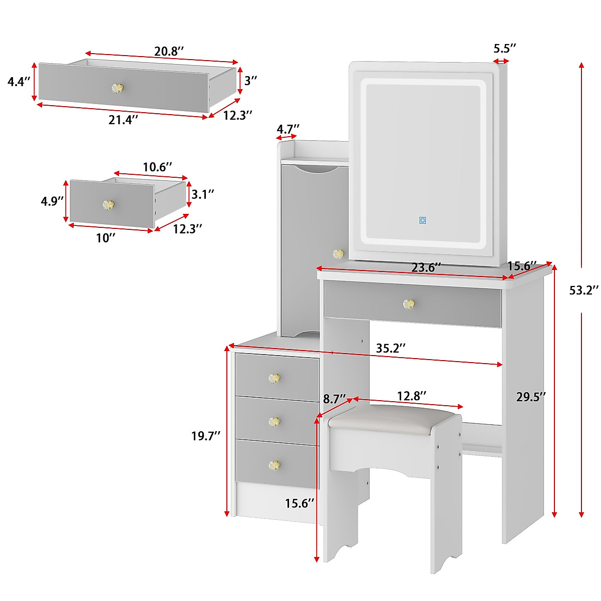 Homsee Vanity Desk Set Makeup Table with Large Sliding Lighted Mirror, Dressing Table with 4 Drawers, Hidden Storage Shelves & Cushioned Stool for Bedroom, White