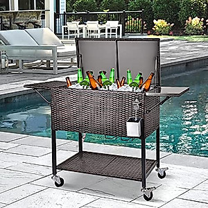 OKIDA Rolling Wicker Cooler Cart Outdoors, 80 Quart Ice Chest with Bottle Opener, Portable Beverage Bar for Patio Pool Party, Rattan Cooler Trolley with Stainless Cutting Board and Waterproof Cover
