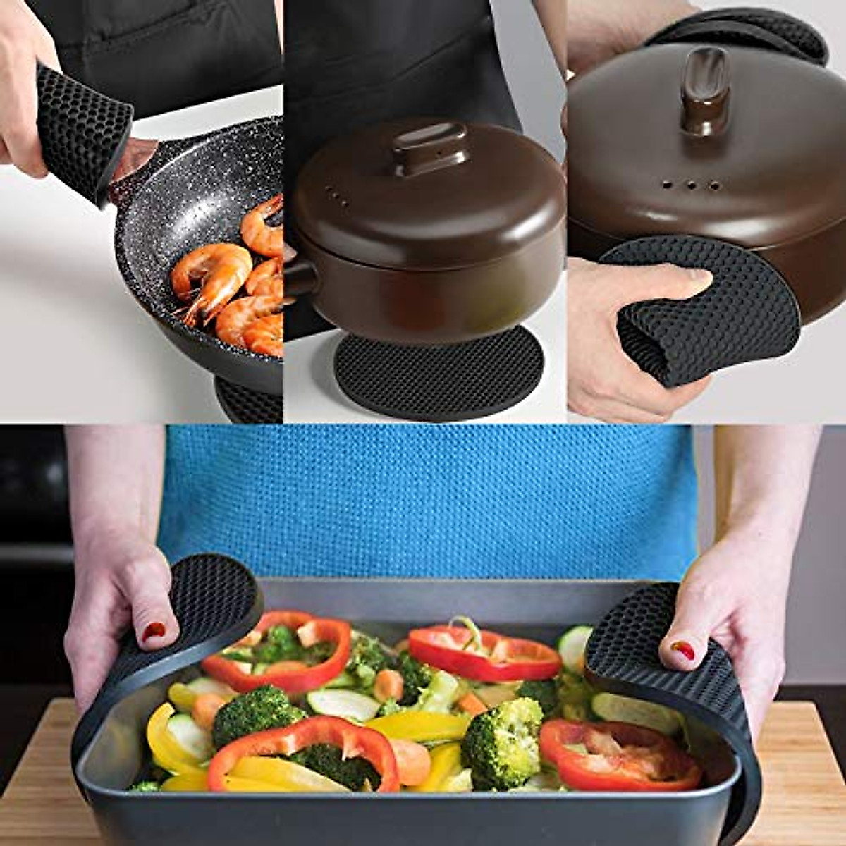 4 Pcs Trivets for Hot Dishes, Kitchen Heat Resistant Silicone Trivet, Extra Thick, Large, Non Slip (1. Black)