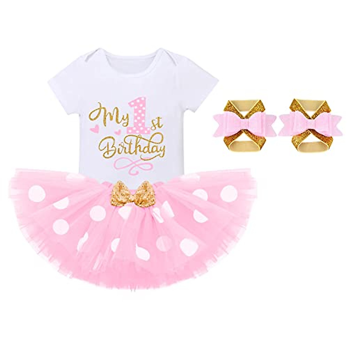 IBTOM CASTLE Baby Girls Cake Smash 1st Birthday Outfit Set Romper Bodysuit Dress+Polka Dots Tutu Skirt+ Ears Headband+Barefoot Sandals Foot Bands for Newborns Infants Photograph Pink-1st 1T