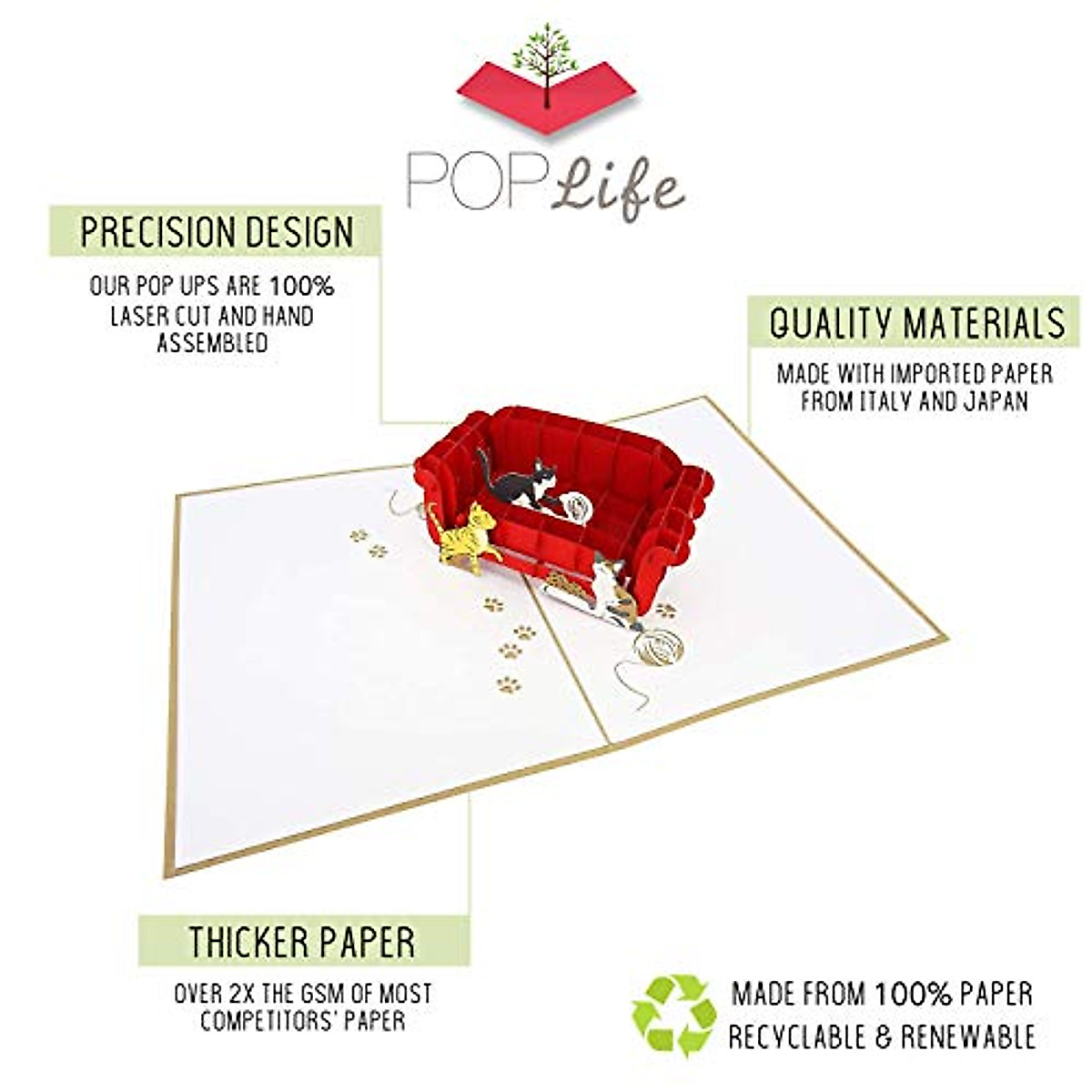 PopLife Cats Playing on Couch Pop Up Greeting Card 3D Pop Up Greeting Card - Cat Lover Card, Teacher Card, Funny Kids Card - Folds Flat for Mailing - Mothers Day Card, Birthday Card, Get Well Card