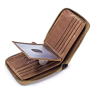 BULLCAPTAIN Mens Genuine Leather Zipper Wallet RFID Blocking Bifold Secure Zip Around Wallets Multi Credit Card Holder Purse (Handmade brown)