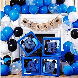 Civaner 98 Pcs Graduation Decorations Party Supplies 4 Grad Balloons Boxes 12 Letter 70 Graduation Balloons Graduation Sticker Set Kit for 2024 Graduation Party Decor(Blue)