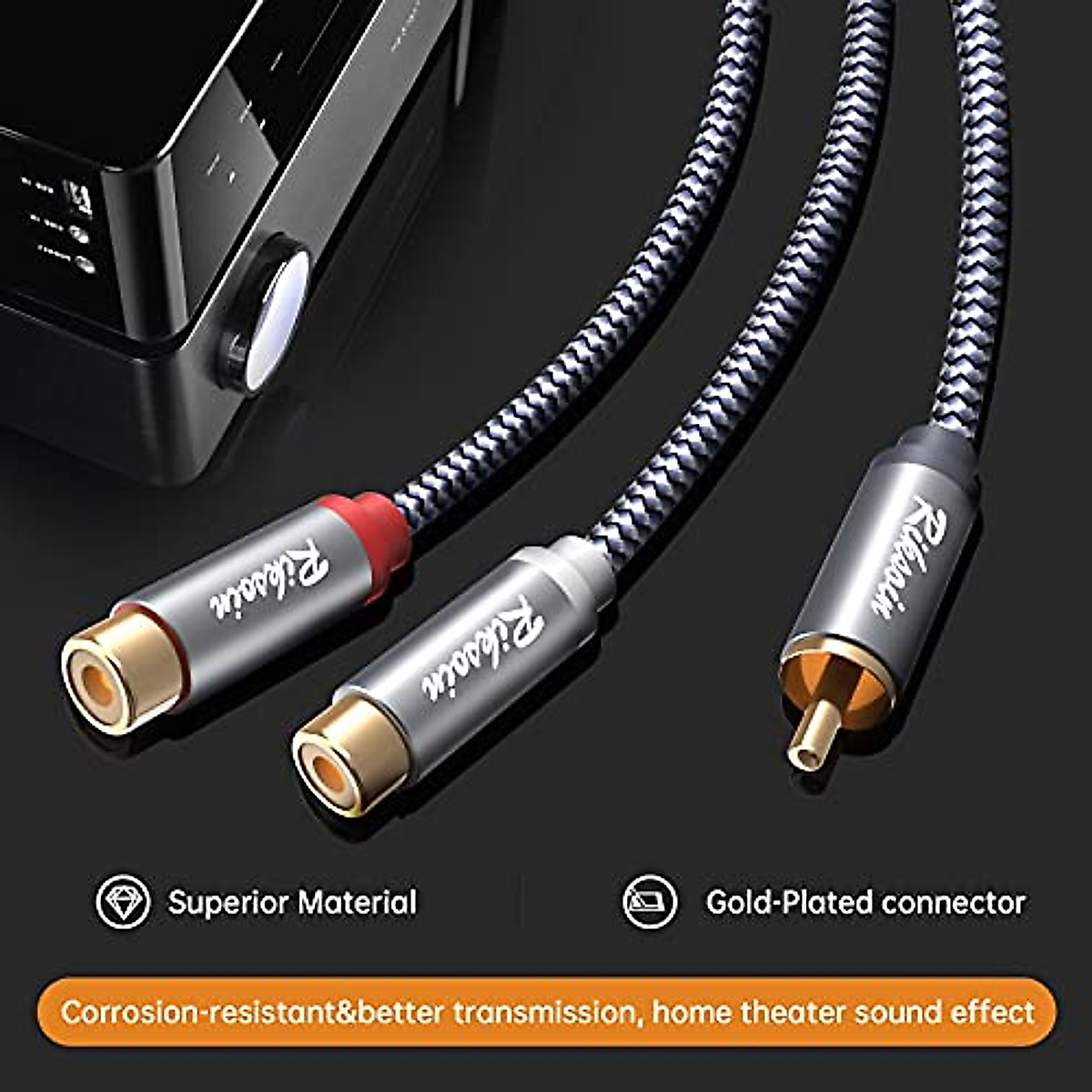 RIKSOIN RCA Splitter Cable, 2-Pack RCA Y Cable Nylon Braided RCA Splitter 1 Male 2 Female Audio Cord Y Adapter for Speakers, CD/DVD Players, TV, Subwoofers, Amplifiers (28cm/0.9FT)