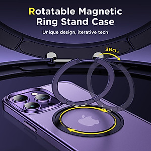 Juntone for iPhone 14 Pro Max Case with 360° Rotatable Magnetic Ring[Compatible with Magsafe][Invisible Kickstand] 12FT Military Shockproof Translucent Matte Back Slim Phone Cover 6.7", Purple