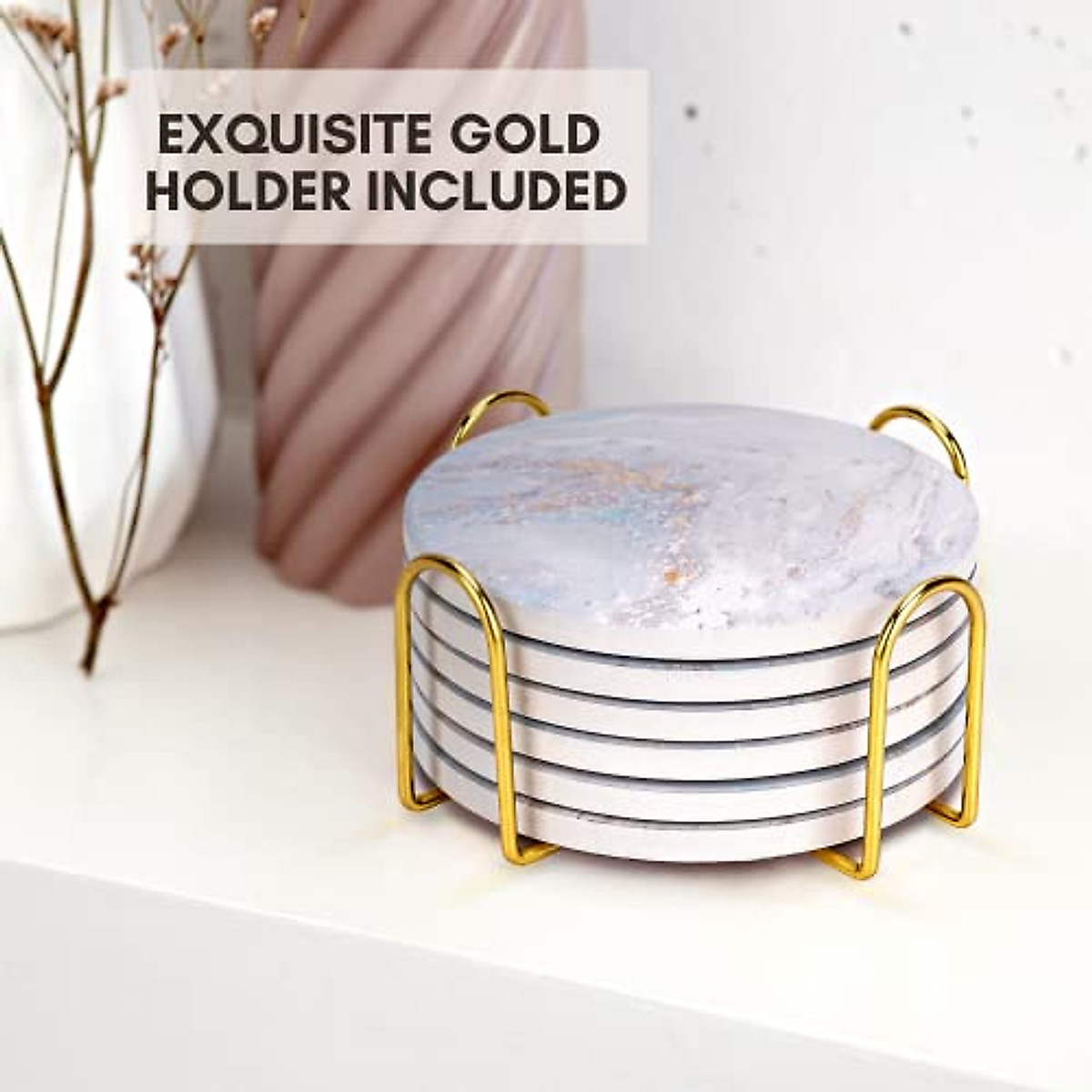 Coasters Set of 6 with Holder, Coffee Table Decor, Coasters for Drinks, Coasters Coffee Table, Coaster Set, Marble Coasters, Drink Coasters, Stone Coasters for Drinks Absorbent…