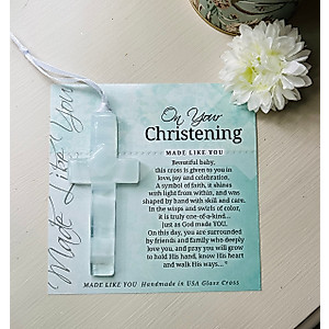 On Your Christening, Beautiful Baby Aqua/Clear Handmade Glass Cross Keepsake Gift
