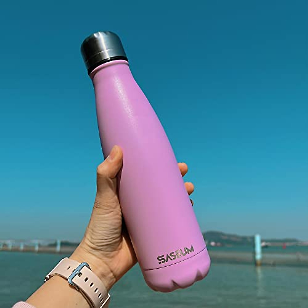 SASEUM Kids Insulated Metal Water Bottles 17oz Stainless Steel Double Wall Vacuum Thermal Flask with Lid Keep Cold for 24 Hours and Hot for 12 Hours Water Jug for School,Sports-Pink