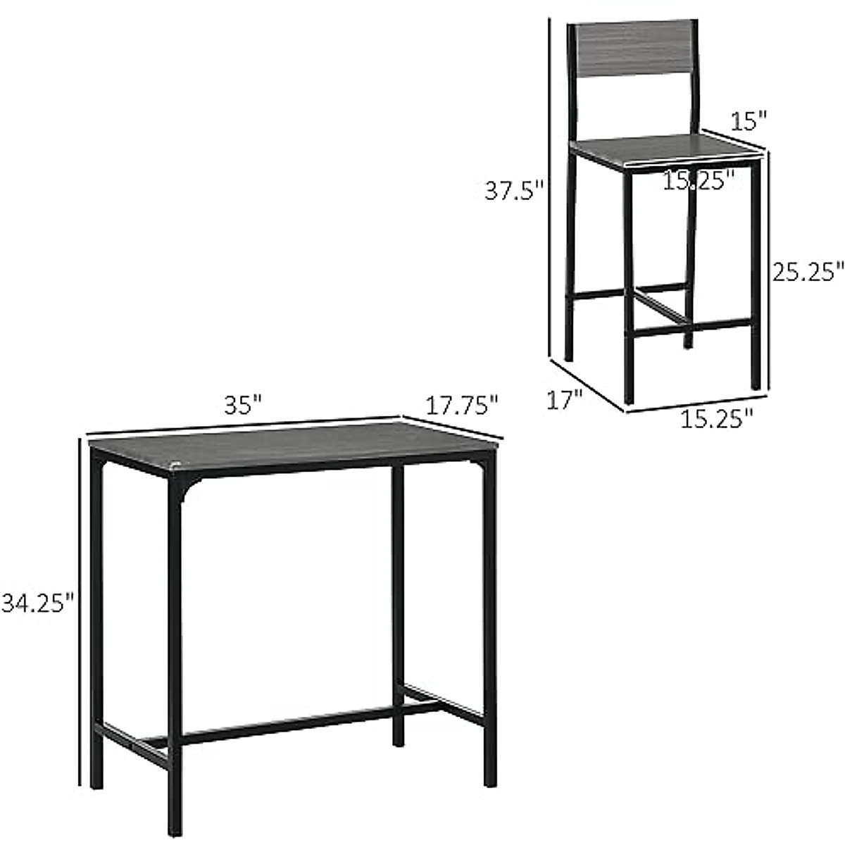 HOMCOM 3 Piece Bar Table and Chairs, Industrial Dining Table Set for 2, Counter Height Kitchen Table with Bar stools, Breakfast Table Set for 2 for Small Space, Gray