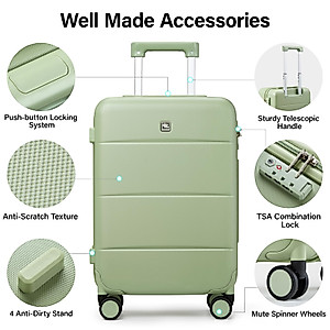 Hanke 20 Inch Carry On Luggage 22x14x9 Airline Approved PC Hard Shell Suitcases with Wheels TSA Luggage for Women Men Lightweight Travel Luggage(Bamboo Green)